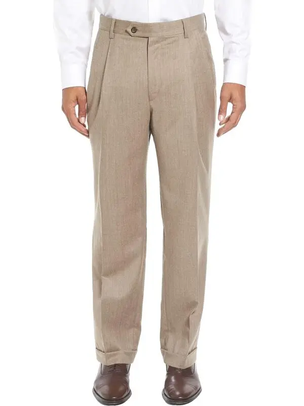 Berle Lightweight Flannel Pleated Trousers - Heather Tan