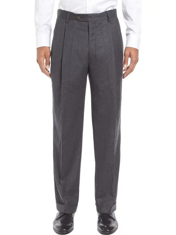 Berle Lightweight Flannel Pleated Trousers - Medium Grey