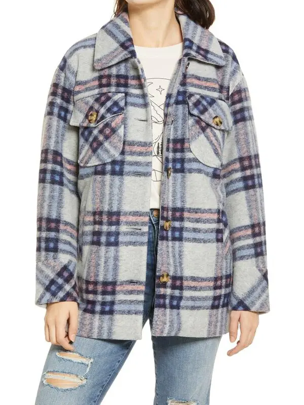 VIGOSS Plaid Fuzzy Jacket - Blue/pink/white