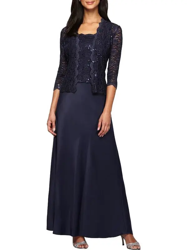 Alex Evenings Sequin Lace & Satin Gown With Jacket - Midnight