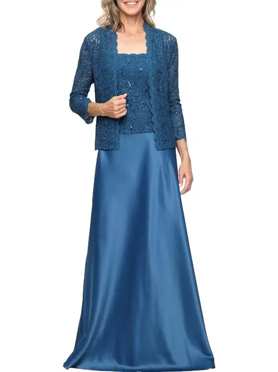 Alex Evenings Sequin Lace & Satin Gown With Jacket - Peacock