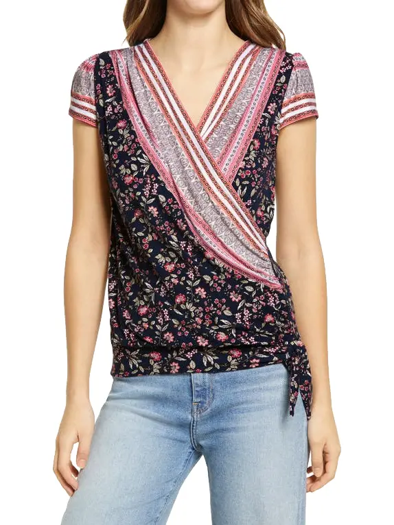 Loveappella Wrap Front Polka Dot Top - Navy