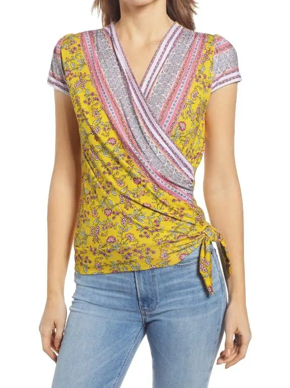 Loveappella Wrap Front Polka Dot Top - Yellow