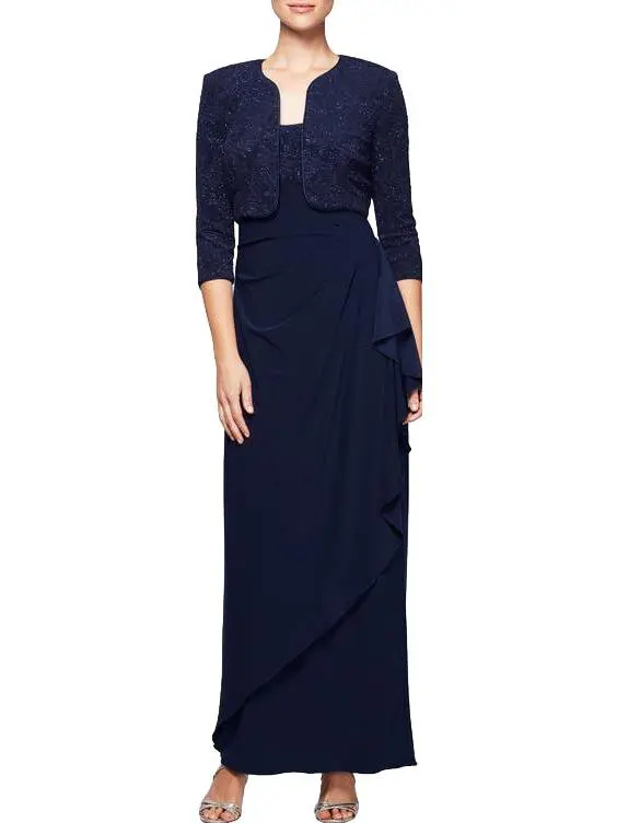 Alex Evenings Draped Column Gown With Bolero Jacket - Navy