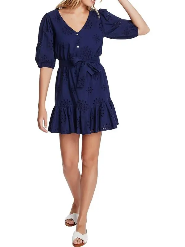 1.State Eyelet Ruffled Mini Dress - Navy Sky