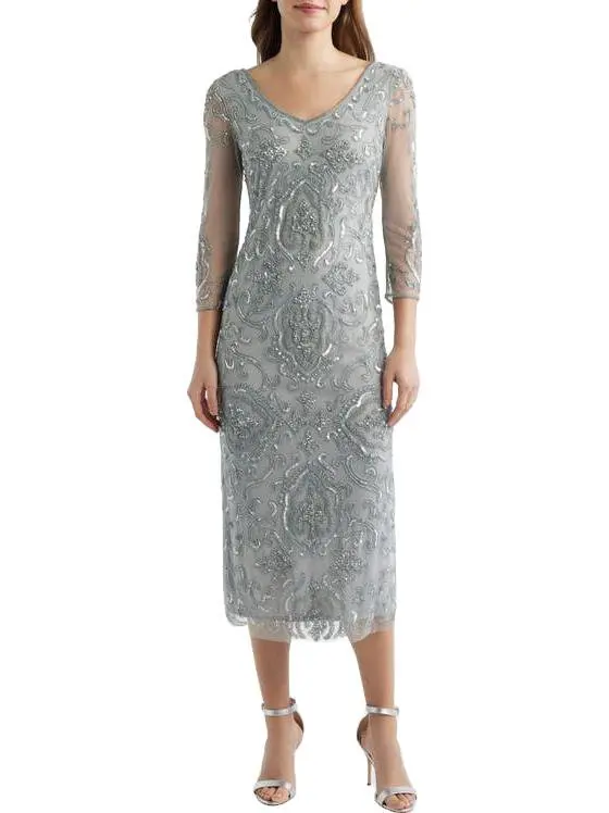 Pisarro Nights Sequin & Beaded Sheath Dress - Blue