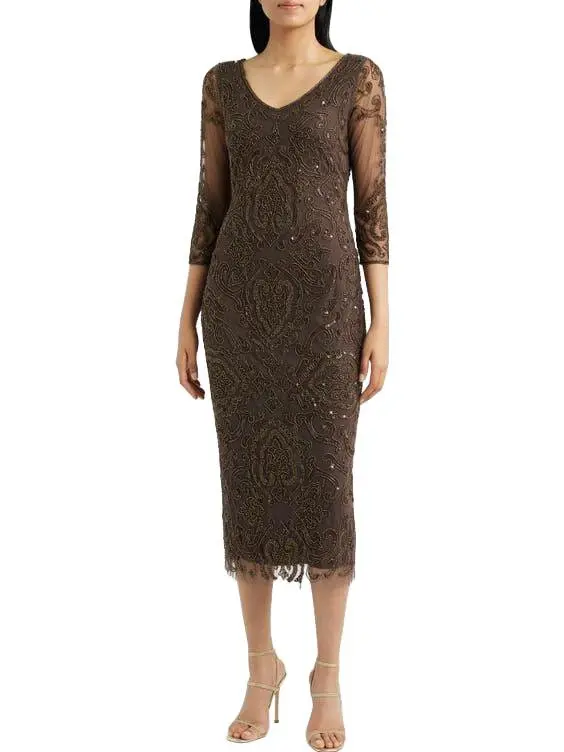 Pisarro Nights Sequin & Beaded Sheath Dress - Chocolate 201