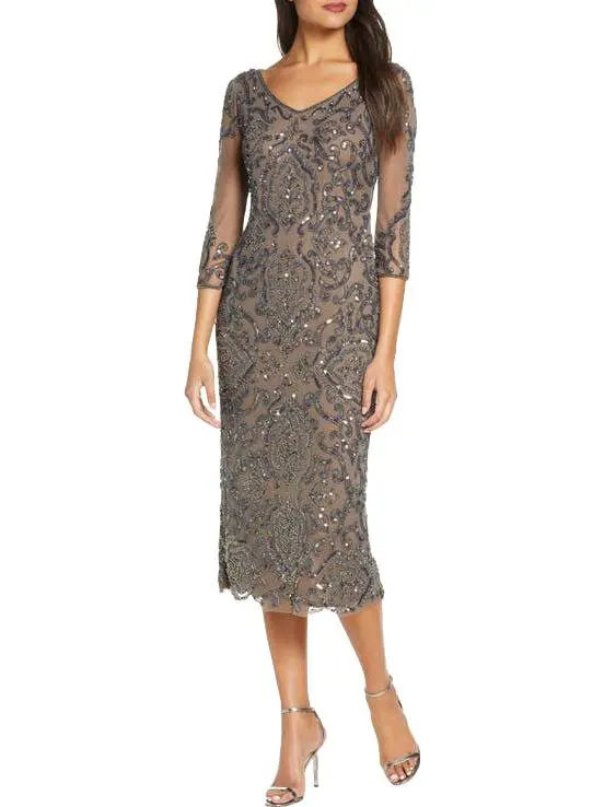 Pisarro Nights Sequin & Beaded Sheath Dress - Mocha