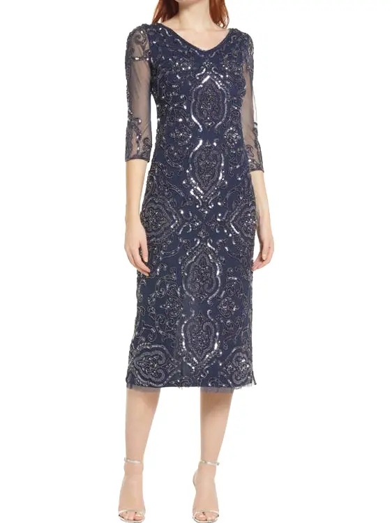 Pisarro Nights Sequin & Beaded Sheath Dress - Navy/ Gunmetal