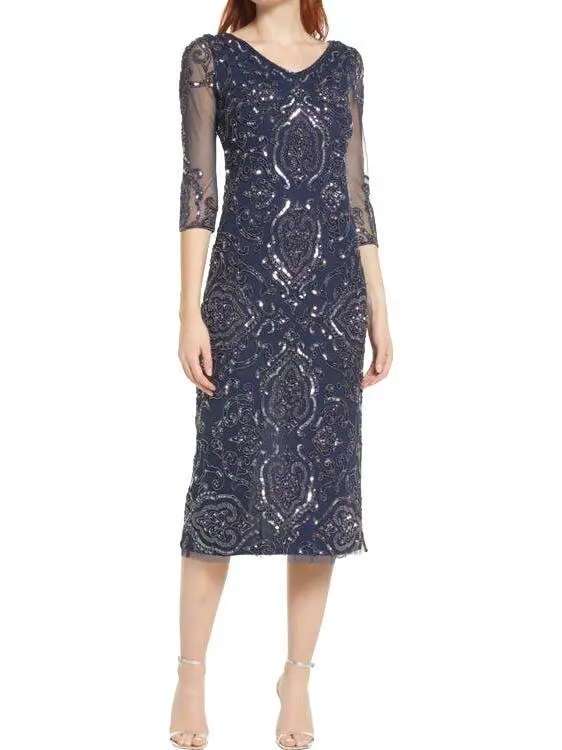 Pisarro Nights Sequin & Beaded Sheath Dress - Slate 421