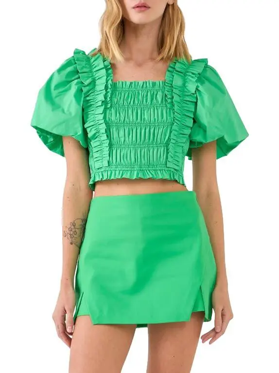 Endless Rose Smocked Puff Sleeve Crop Top - Green