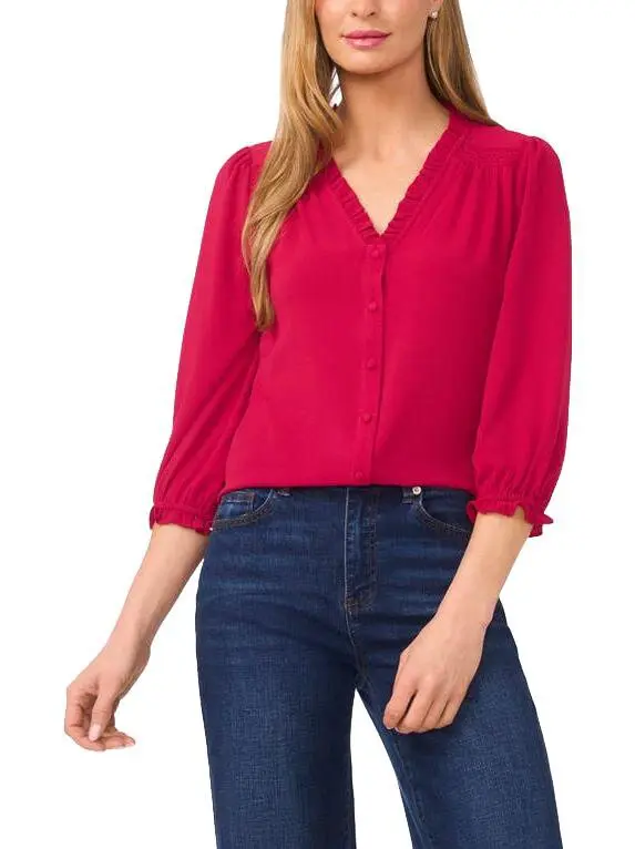CECE DUPRAZ Ruffle V-neck Blouse - Rose Cerise