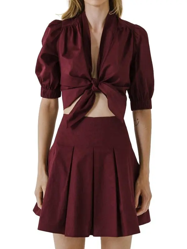 Endless Rose Tie-front Crop Shirt - Burgundy