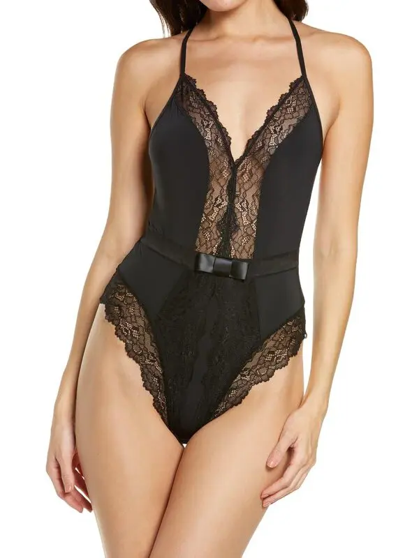 BLACK BOW Henny Satin & Lace Thong Bodysuit - Black
