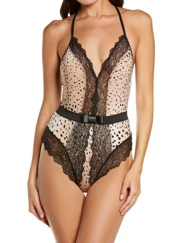 BLACK BOW Henny Satin & Lace Thong Bodysuit - Organic Animal