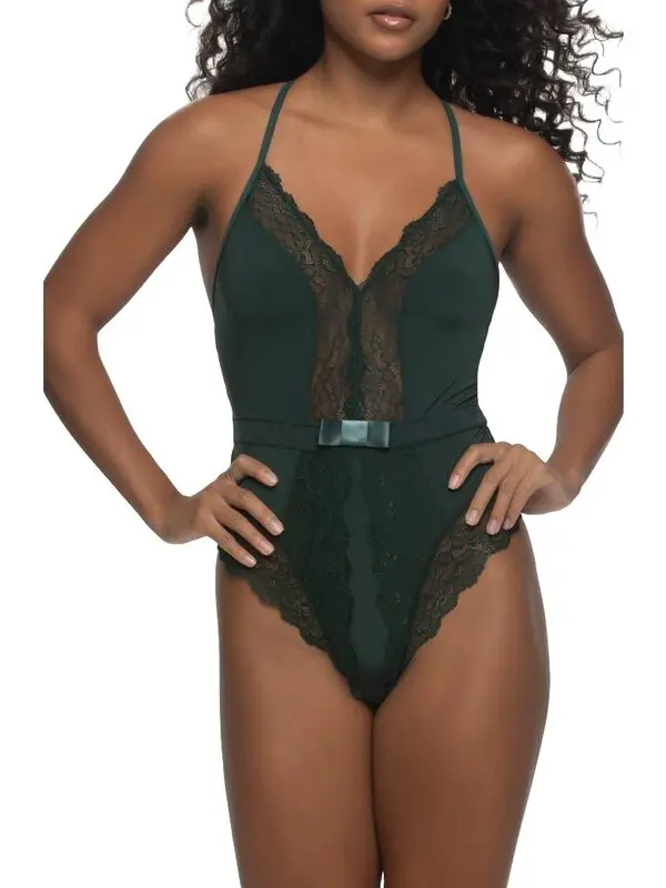 BLACK BOW Henny Satin & Lace Thong Bodysuit - Scarab