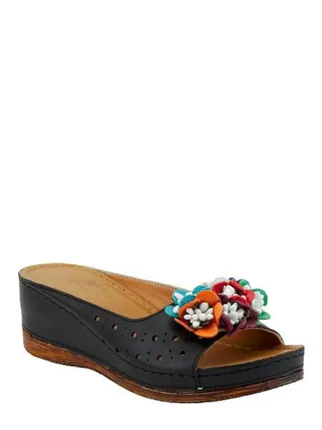 SPRING STEP SHOES Flower Child Wedge Sandal - Black Leather