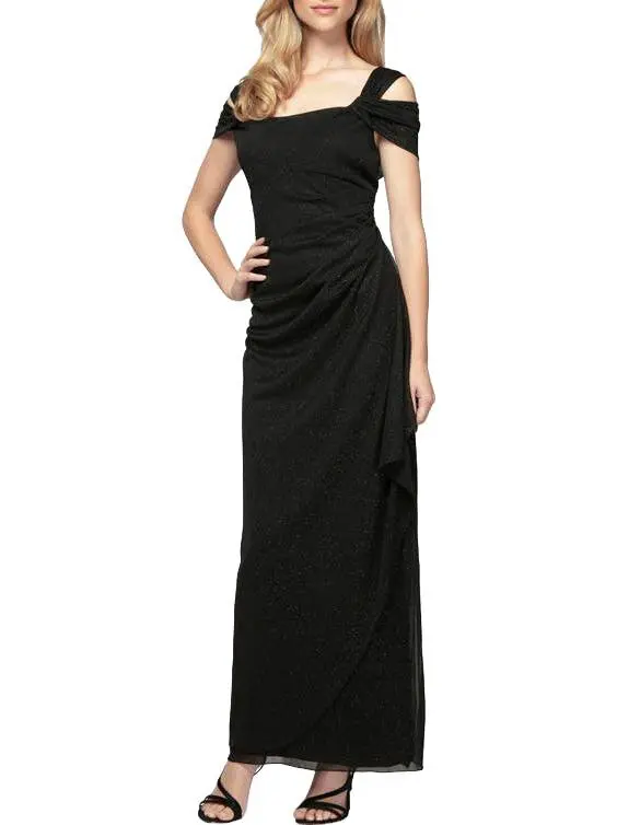 Alex Evenings Cold Shoulder Ruffle Glitter Chiffon Gown - Black