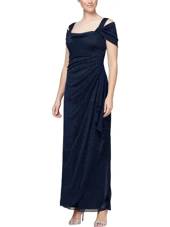 Alex Evenings Cold Shoulder Ruffle Glitter Chiffon Gown - Dark Navy