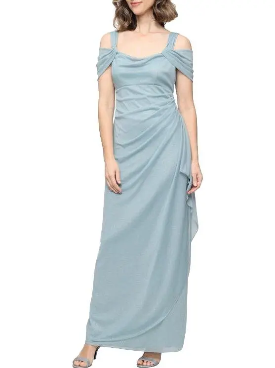Alex Evenings Cold Shoulder Ruffle Glitter Chiffon Gown - Ice Sage