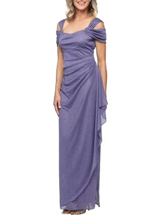 Alex Evenings Cold Shoulder Ruffle Glitter Chiffon Gown - Icy Orchid