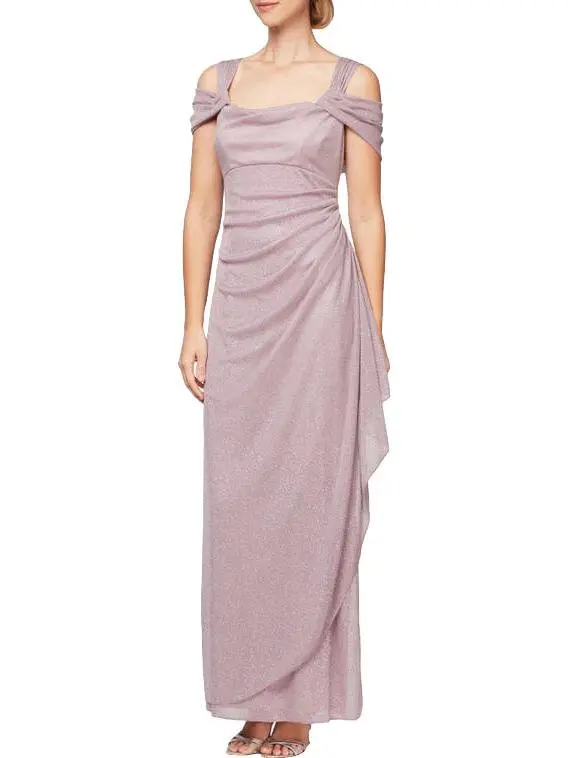 Alex Evenings Cold Shoulder Ruffle Glitter Chiffon Gown - Mauve
