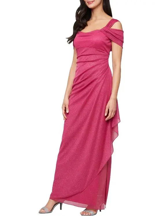 Alex Evenings Cold Shoulder Ruffle Glitter Chiffon Gown - Raspberry