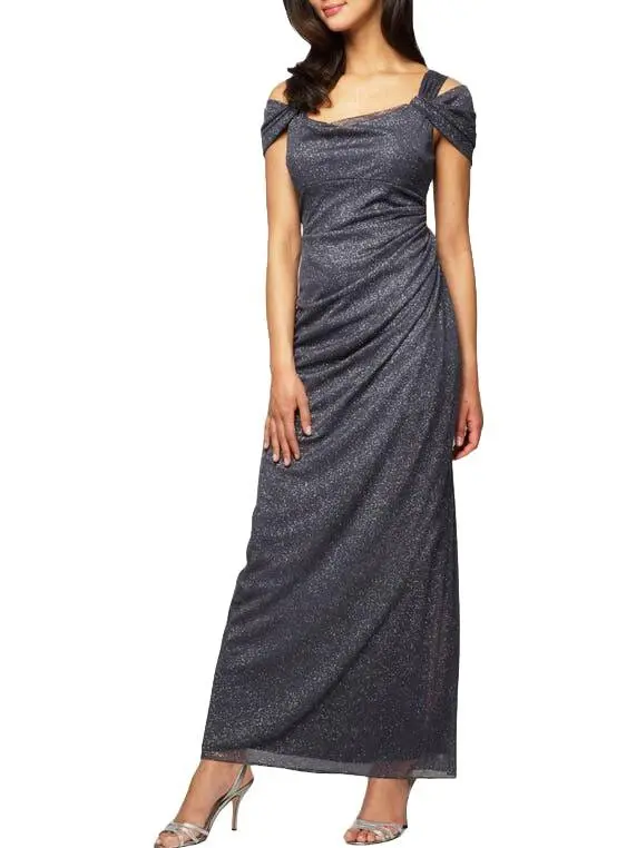 Alex Evenings Cold Shoulder Ruffle Glitter Chiffon Gown - Smoke