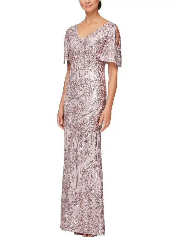 Alex Evenings Sequin Lace Cold Shoulder Trumpet Gown - Blush