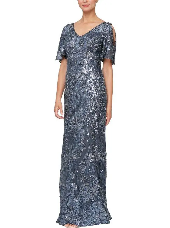 Alex Evenings Sequin Lace Cold Shoulder Trumpet Gown - Charcoal