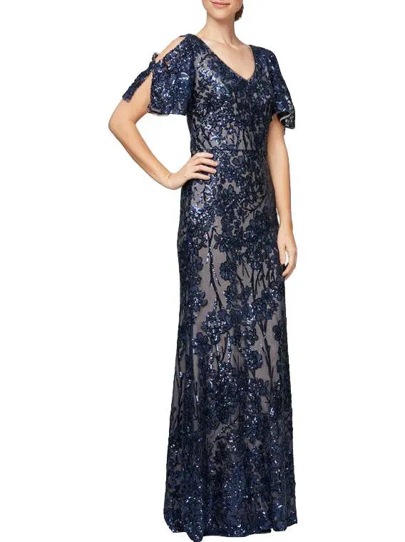 Alex Evenings Sequin Lace Cold Shoulder Trumpet Gown - Navy Nude