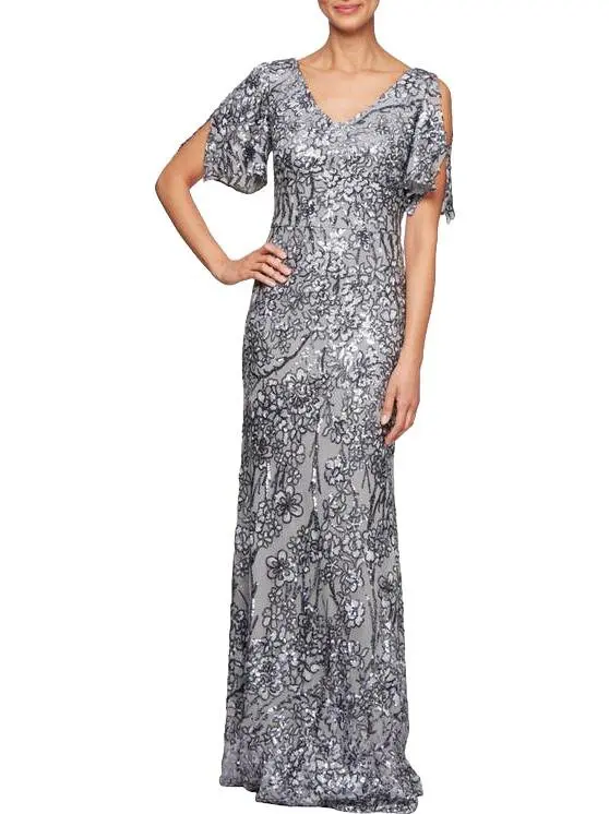 Alex Evenings Sequin Lace Cold Shoulder Trumpet Gown - Silver