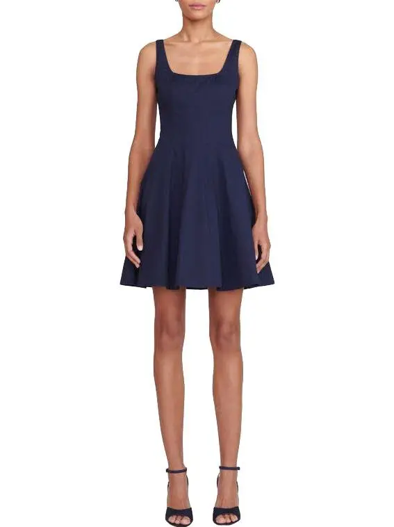 Staud Wells Cotton Stretch Poplin Fit & Flare Dress - Navy
