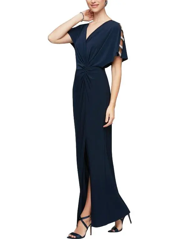 Alex Evenings Embellished Sleeve Knot Front Jersey Gown - Navy