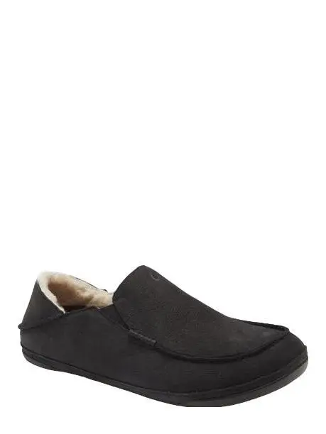 Olukai Kipuka Hulu Shearling Slipper - Black Leather