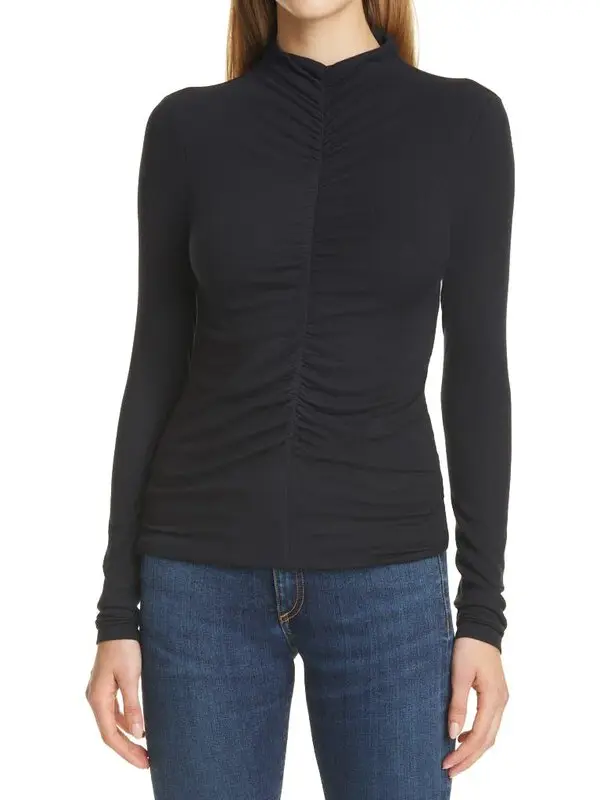 Veronica Beard Theresa Ruched Mock Neck Top - Black