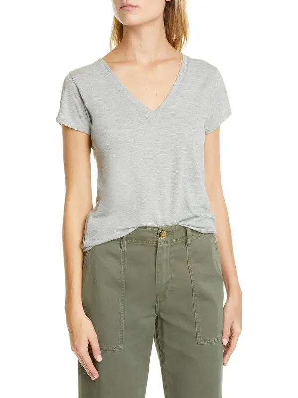 Vince Pima Cotton V-neck Top - Heather Grey