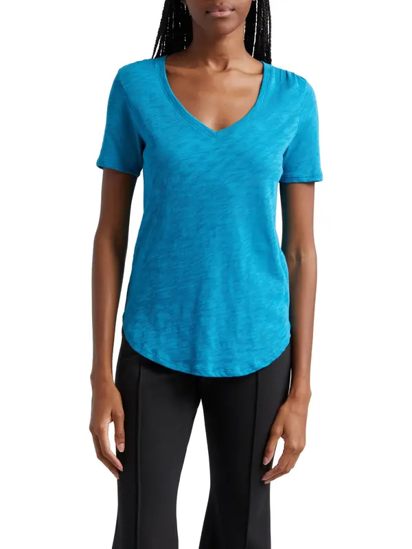 ATM Anthony Thomas Melillo Slub Cotton V-neck T-shirt - Peacock Blue