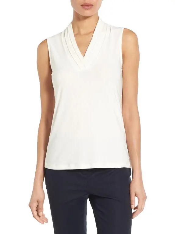 Anne Klein Triple Pleat V-neck Jersey Top - White