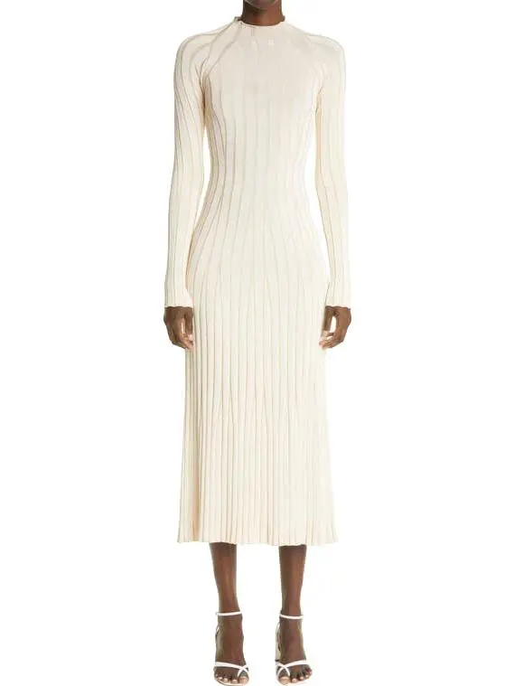 St. John Ribbed Long Sleeve Midi Dress - Cream