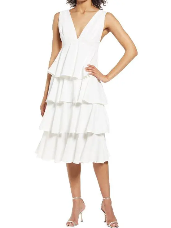 CHI CHI LONDON Plunge Neck Tiered Ruffle Dress - White