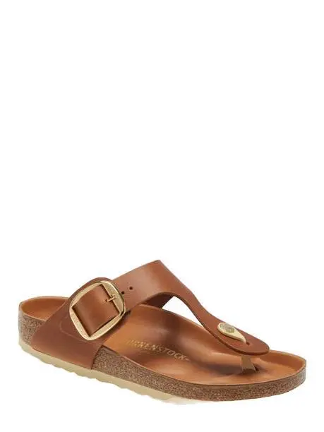 BIRKENSTOCK Gizeh Big Buckle Slide Sandal - Cognac Leather
