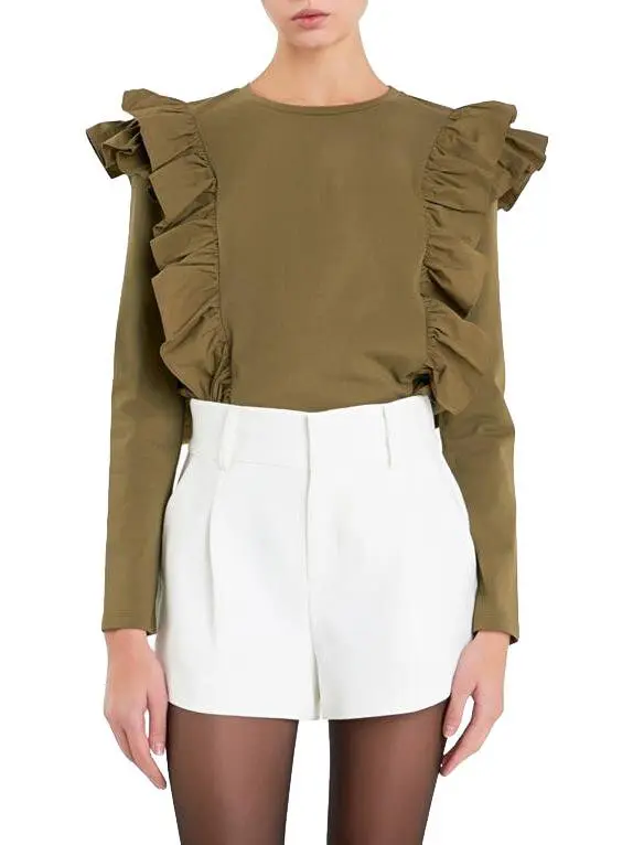 English Factory Poplin Ruffle Trim Shirt - Olive