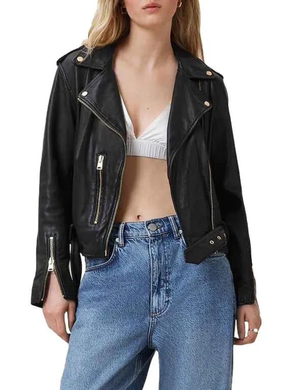 ALLSAINTS Balfern Leather Biker Jacket - Black/ Gold
