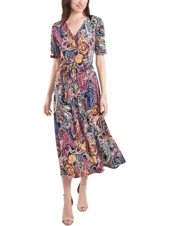 Chaus Pastel Paisley Tie Waist Midi Dress - Navy/mauve/multi