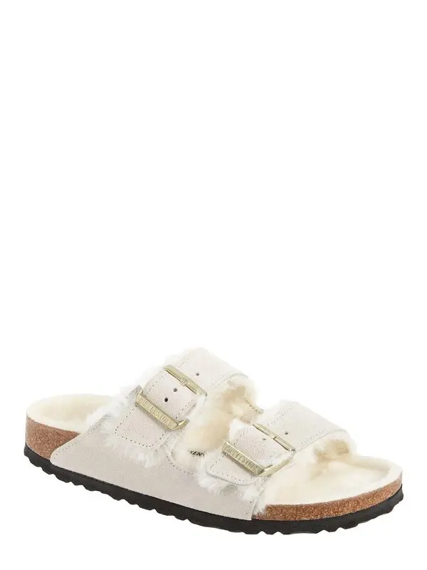 BIRKENSTOCK Arizona Genuine Shearling Slide Sandal - Antique White/ Antique White