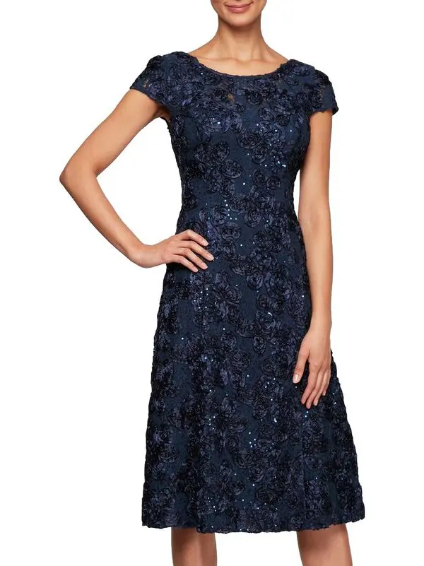 Alex Evenings Sequin Rosette Lace Cocktail Dress - Navy