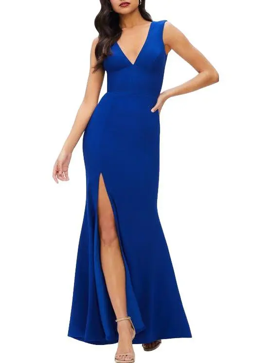 Dress The Population Sandra Plunge Crepe Trumpet Gown - Electric Blue