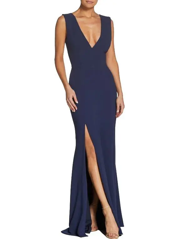 Dress The Population Sandra Plunge Crepe Trumpet Gown - Midnight Blue