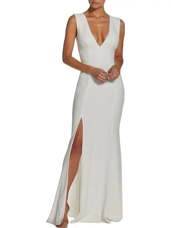 Dress The Population Sandra Plunge Crepe Trumpet Gown - Off White